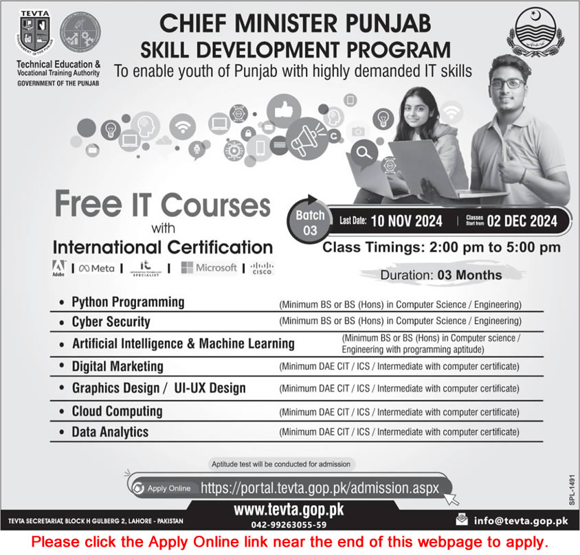 TEVTA Punjab Free IT Courses November 2024 Apply Online Chief Minister Punjab Skill Development ...